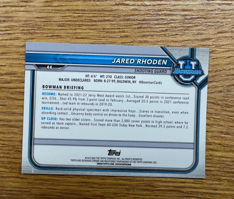 JARED RHODEN 2021-22 Bowman University #44 1st Chrome Refractor | eBay