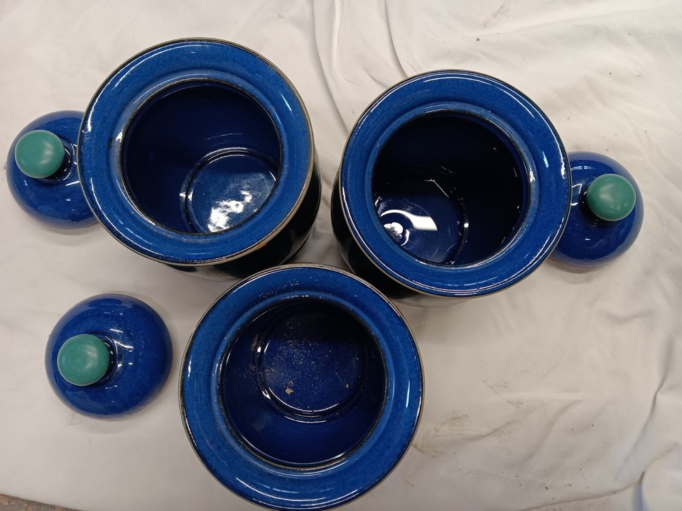 Denby Pottery Kitchen Storage Jars X 3 Green With Blue Lids | eBay UK