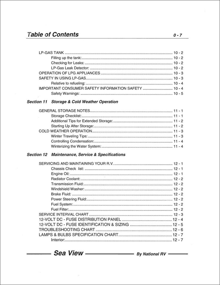 1998-1999 National RV SeaView Motor Home Owners Manual Sea View ...