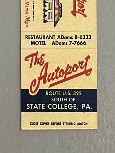Vintage Matchbook Cover State College Pennsylvania Autoport Motel M.B ...