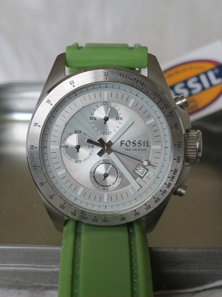 Retro Fossil Watch CH-2588 STAINLESS Chronograph Quartz Green Silicone ...