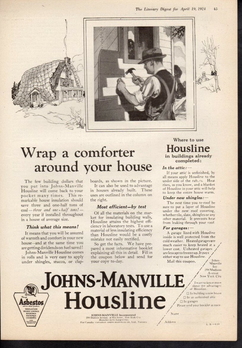 Vintage Asbestos Advertising 1926 Johns Manville Asbestos Shingles Ad