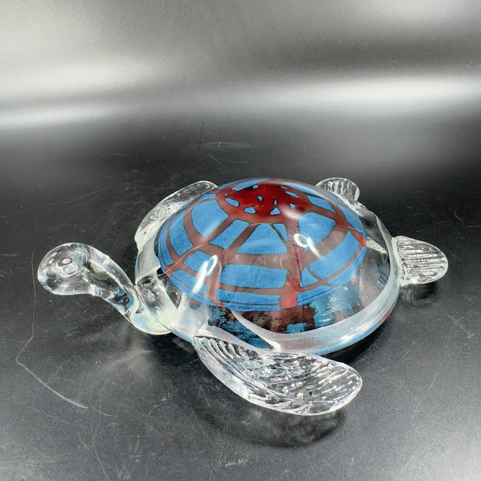 Art Glass Turtle Glass Paperweight Figurine Clear Edges Blue Red Center ...