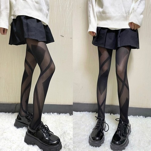Women Sexy Sheer Mesh Black Pantyhose Geometric Diamond Striped ...
