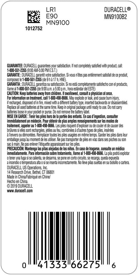 Duracell N 1.5V Alkaline Battery, 2 Count Pack, N 1.5 Volt Alkaline ...