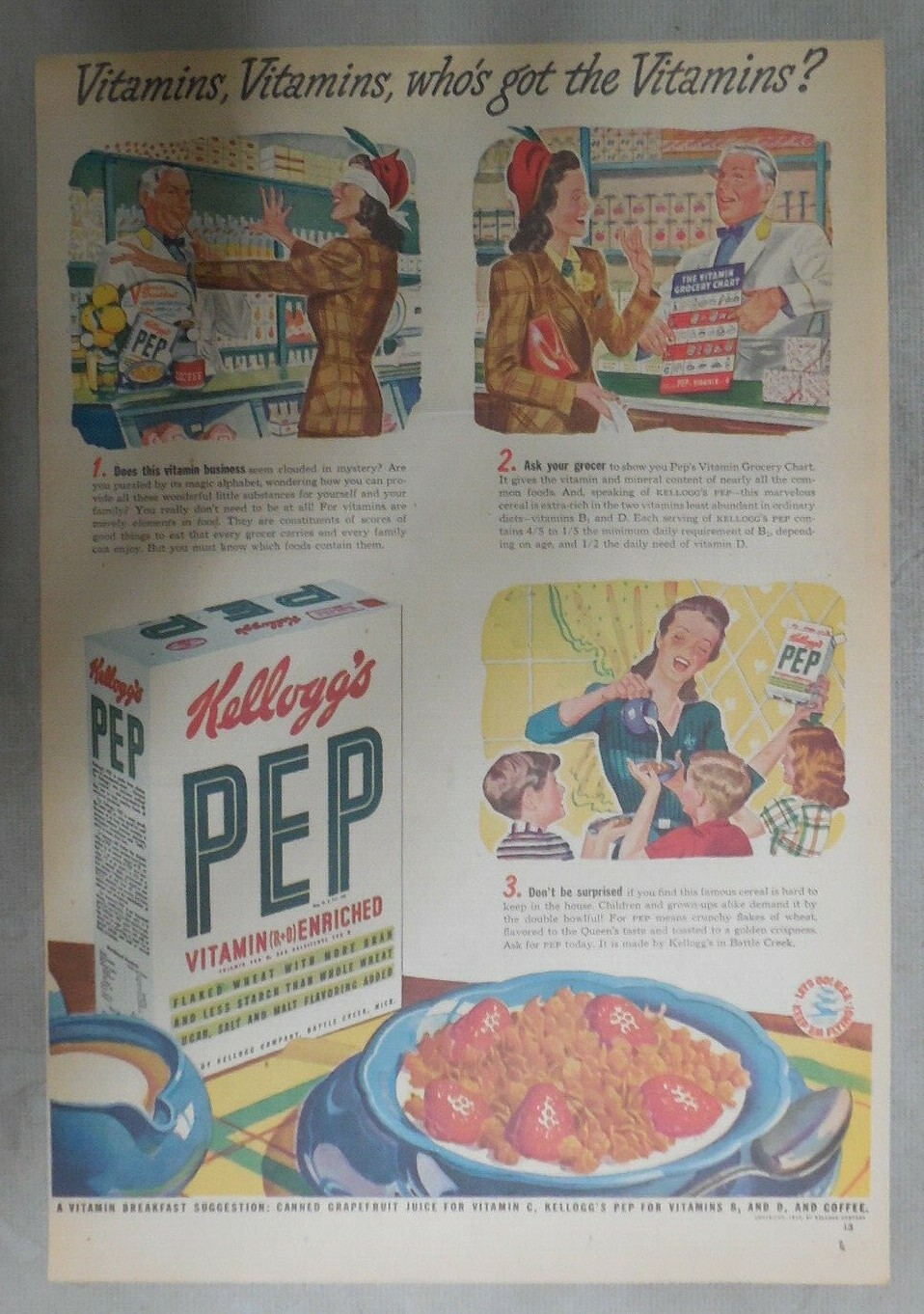 Kellogg's Cereal Ad: Pep Cereal War Time Ad ! from 1942 Size: 11 x 15 ...