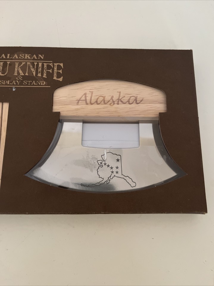 Alaskan ULU Knife Blade Stainless Steel Wood Handle & Display Stand ...