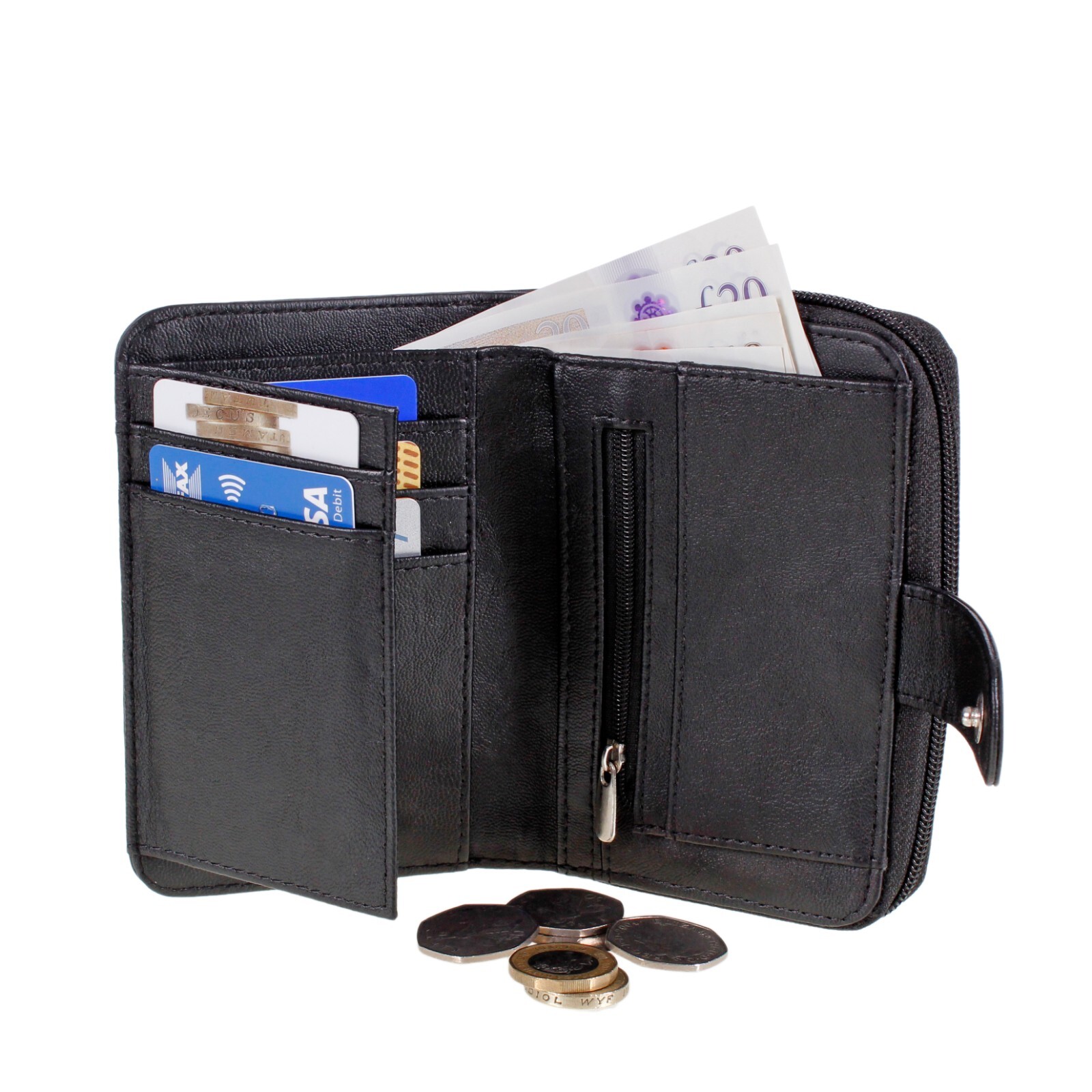 Ladies REAL LEATHER PURSE zip round wallet 6 card slots ID window ...