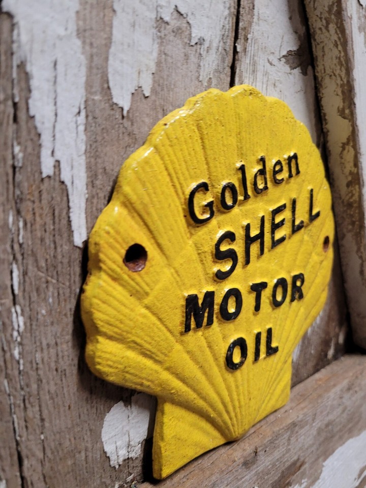 VINTAGE SHELL SIGN GOLDEN MOTOR OIL CAST IRON METAL GAS PUMP PLATE CAR ...