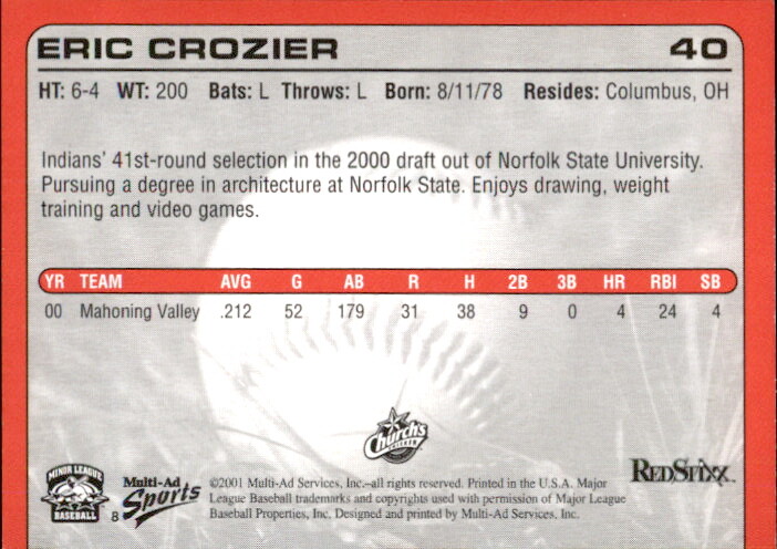 2001 Columbus Redstixx Multi-Ad #8 Eric Crozier Columbus Ohio OH ...