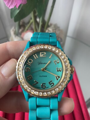 Geneva Teal Blue Adjustable Rubber Strap Gemmed Bezel Large Number ...