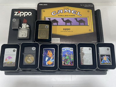 Vintage 1996 Zippo Lighter Collection Joe Camel Display of 8 Lighters ...