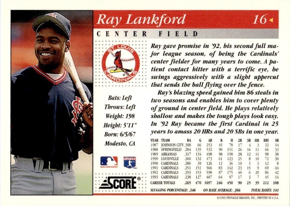 1994 Score Baseball Card Ray Lankford St. Louis Cardinals #16 | eBay