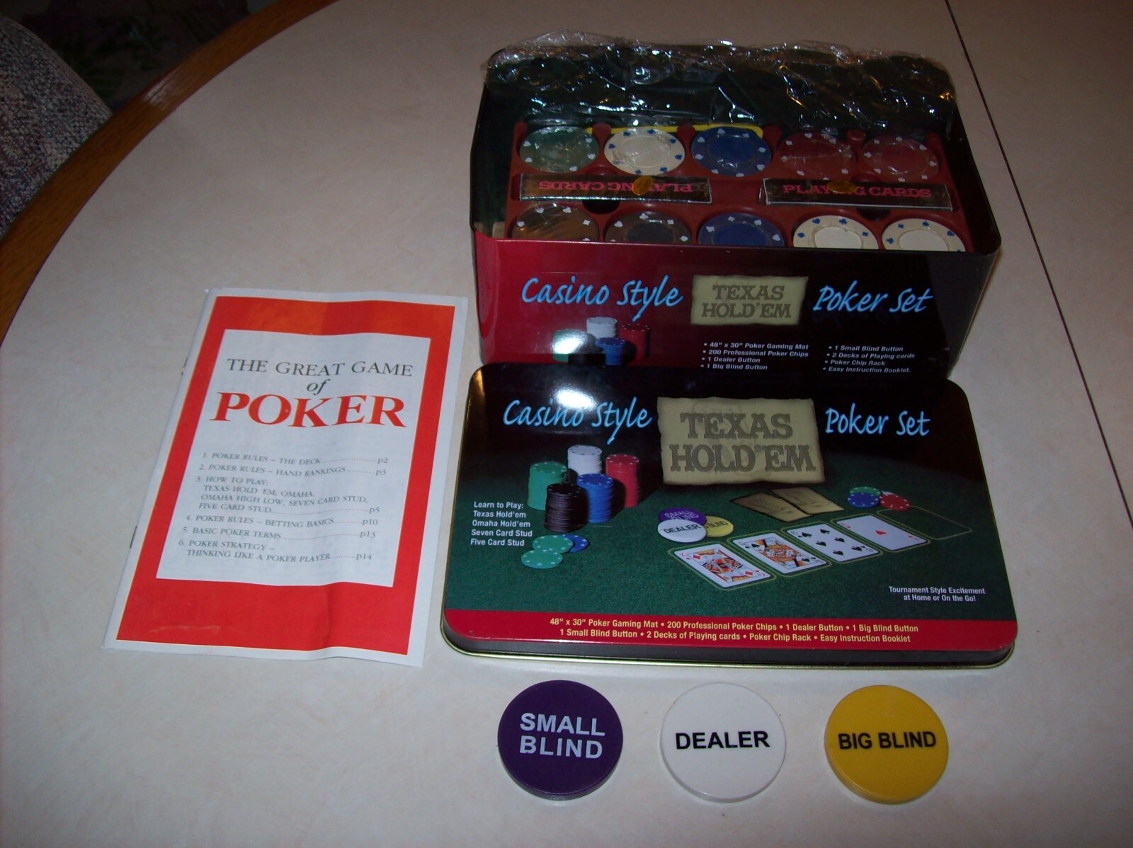 Complete Texas Hold Em poker set "New in metal box container" plus ...