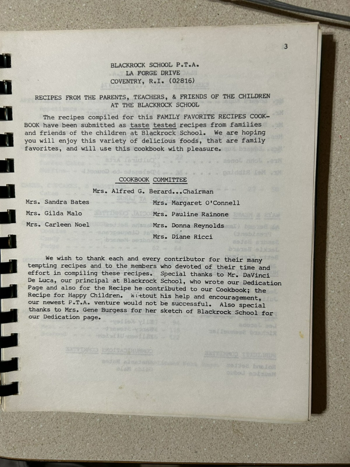 Blackrock School PTA Coventry RI Cookbook Deluca 1974 Rainone Ricci ...