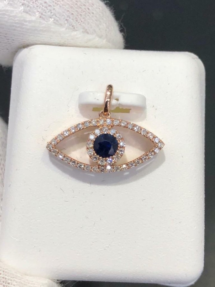 14k Rose Gold & Diamonds Genuine Blue Sapphire Eye Halo Good Luck ...