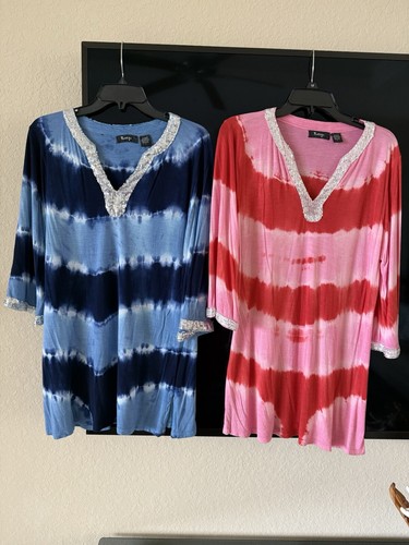 Lot Of Two Raviya Pink/Red, Blues Tie Dye Sequin 3/4 Sleeve Tunic Top ...