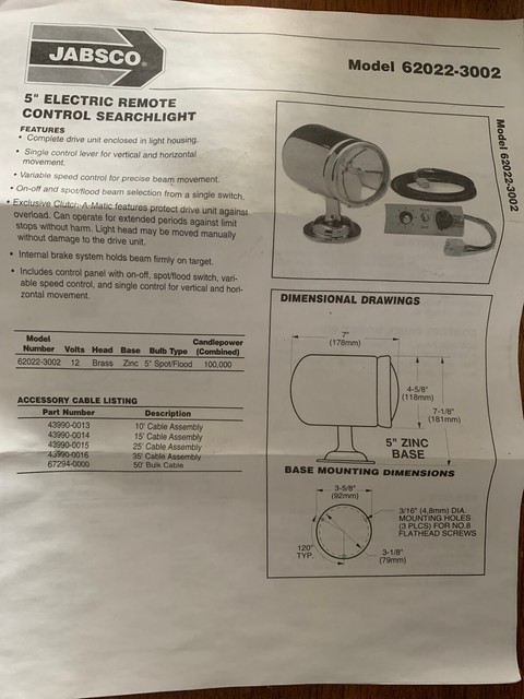 JABSCO 5" REMOTE CONTROL SEARCHLIGHT # 62022-3002 for sale online | eBay