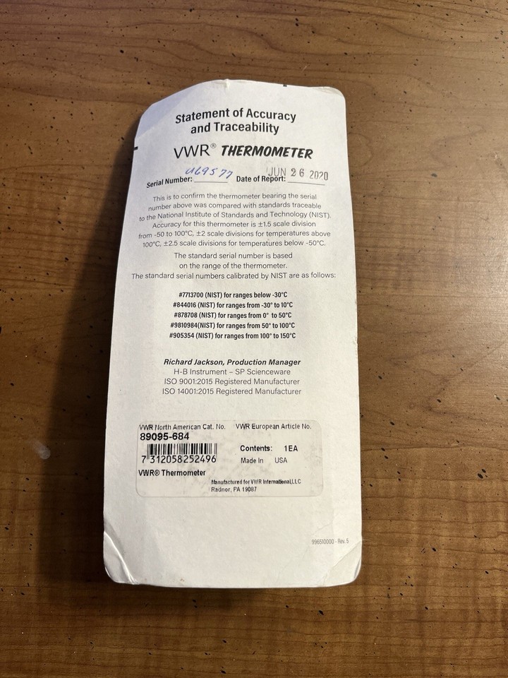 VWR 89095-686 Refrigerator Freezer Verification Thermometer NIST ...