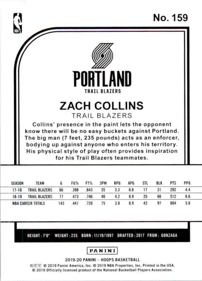 2019 Hoops #159 Zach Collins Portland Trail Blazers Basketball Card | eBay