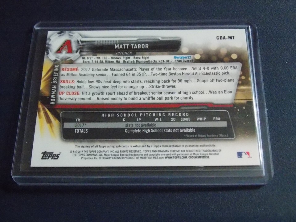 2017 Bowman Chrome Draft Matt Tabor 1st Prospect Auto #CDA-MT ...