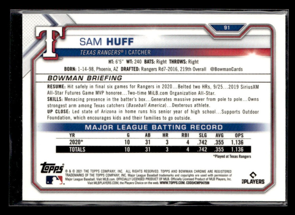 2021 Bowman Chrome #91 Sam Huff Rookie Card Texas Rangers | eBay