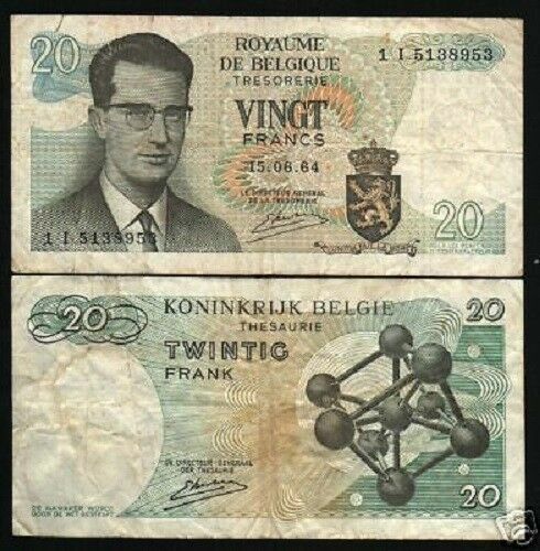 BELGIUM 20 FRANCS P-138 1964 X 10 PCS LOT ATOM KING EURO MONEY BILL ...