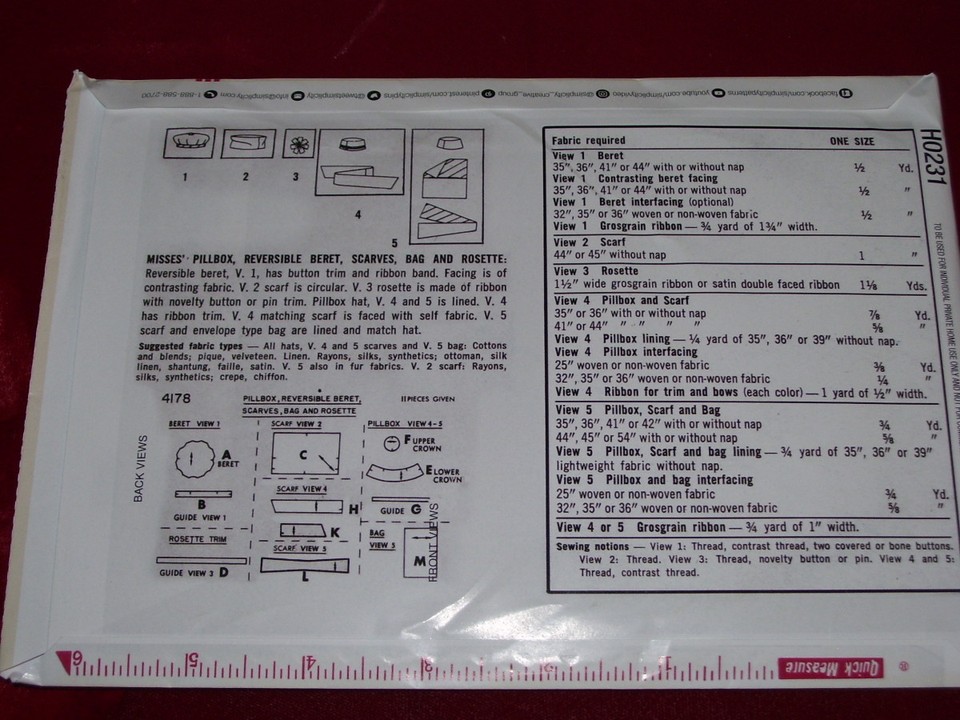 🌺SIMPLICITY #4178/HO231-LADIES 1961 PILLBOX HAT-BERET-SCARVES-BAG ...
