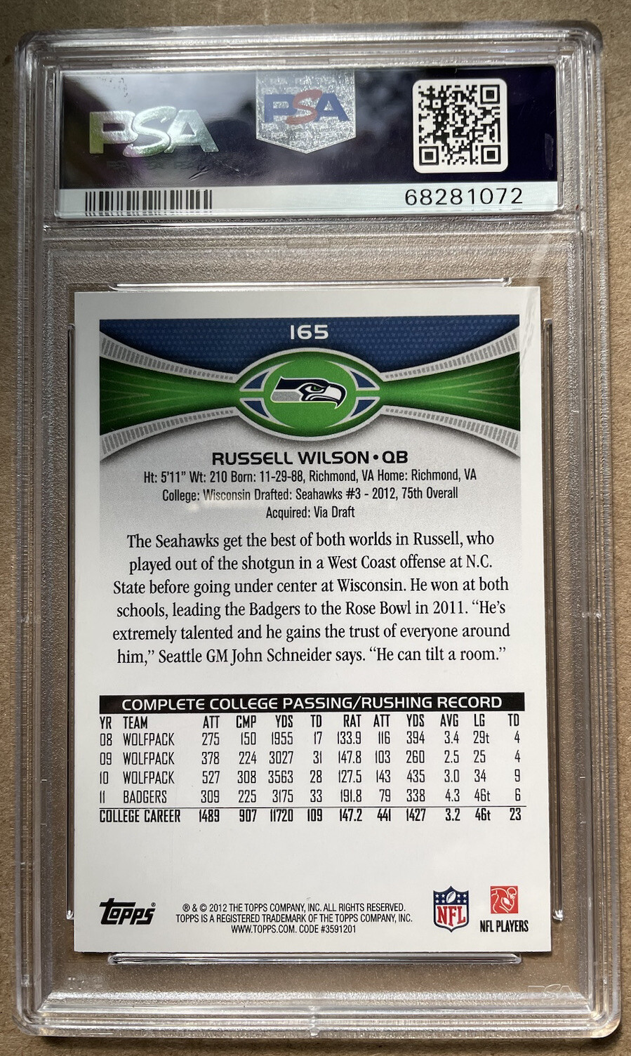 2012 Topps RUSSELL WILSON #165 PASSING-STANDS VISIBLE RC Rookie PSA 8 ...