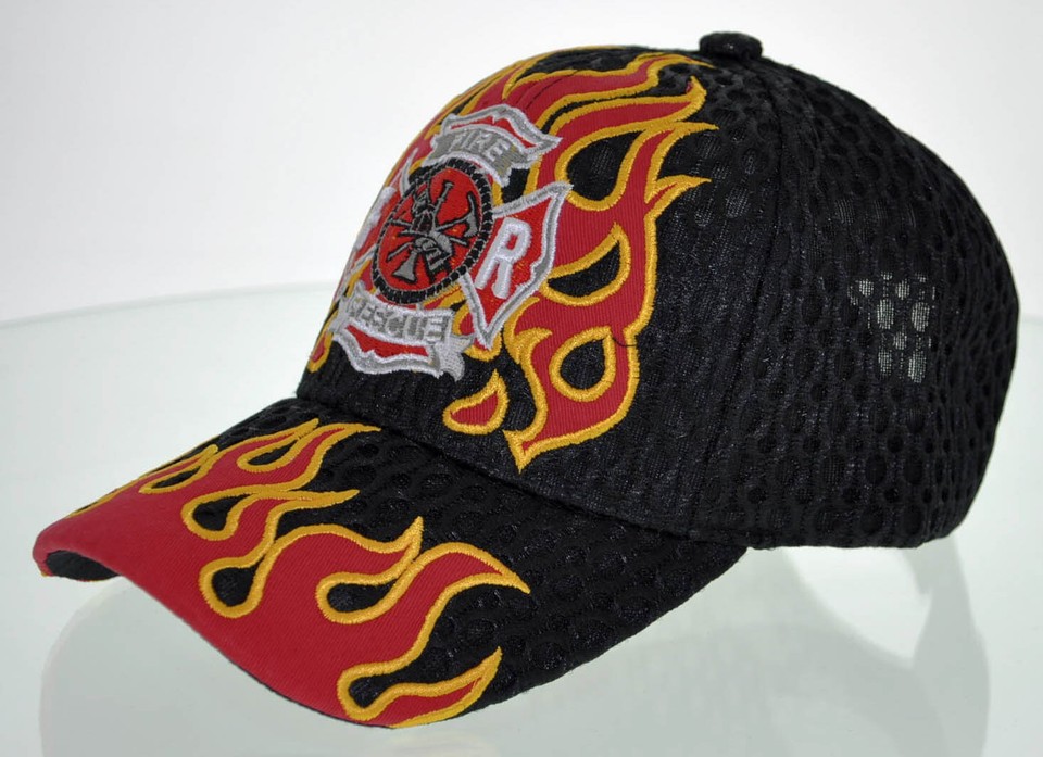 MESH FD FIRE DEPT RESCUE FLAMES CAP HAT F1 BLACK | eBay
