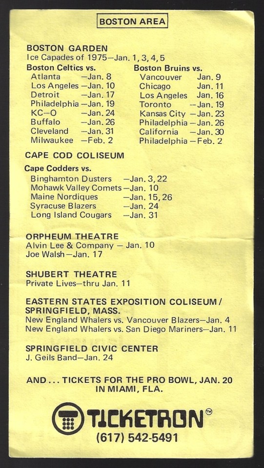 RARE VERSION 1974-75 Boston Bruins Celtics NHL NBA Hockey Schedule ...