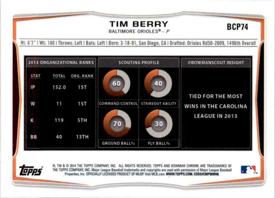 2014 Bowman Chrome #BCP74 Tim Berry Baltimore Orioles Baseball Card | eBay