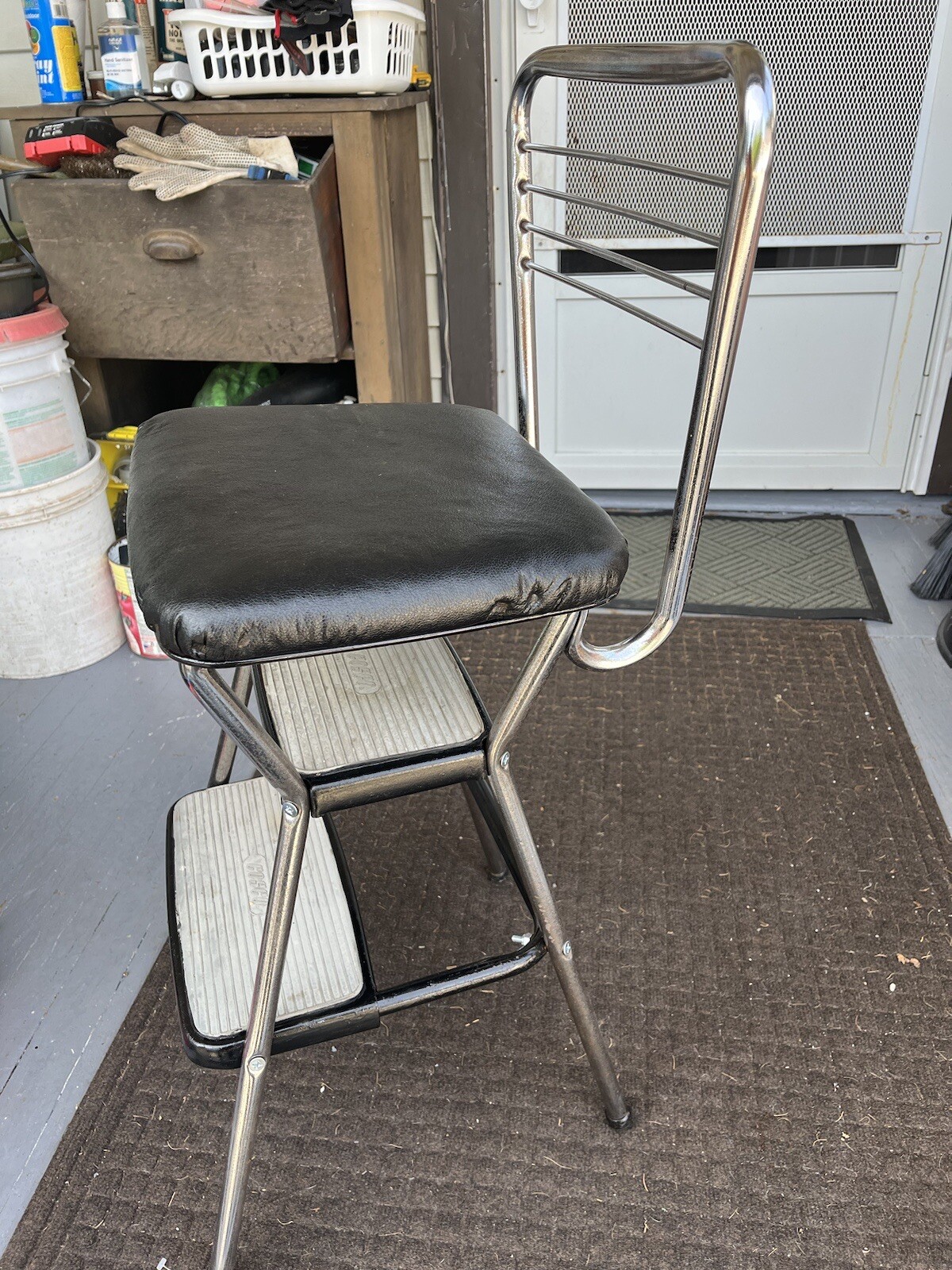 Vintage Cosco Kitchen Metal Step Stool Chair black Flip Up Seat chrome ...