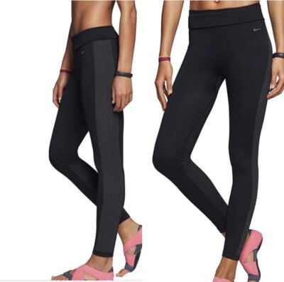 Nike Dri Fit Fold Over Knit Black Training Athletic Tights High Rise ...