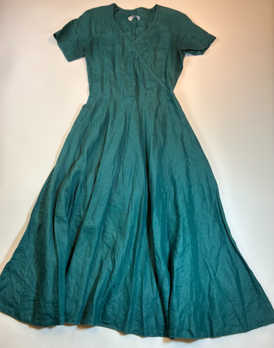 VISIBLE ART Blue GREEN LINEN DRESS Small MIDI Full Skirt Preppy Classic ...