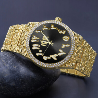 Black Dial Arabic Numeral Dial Gold Finish Simulated Diamond Nugget ...