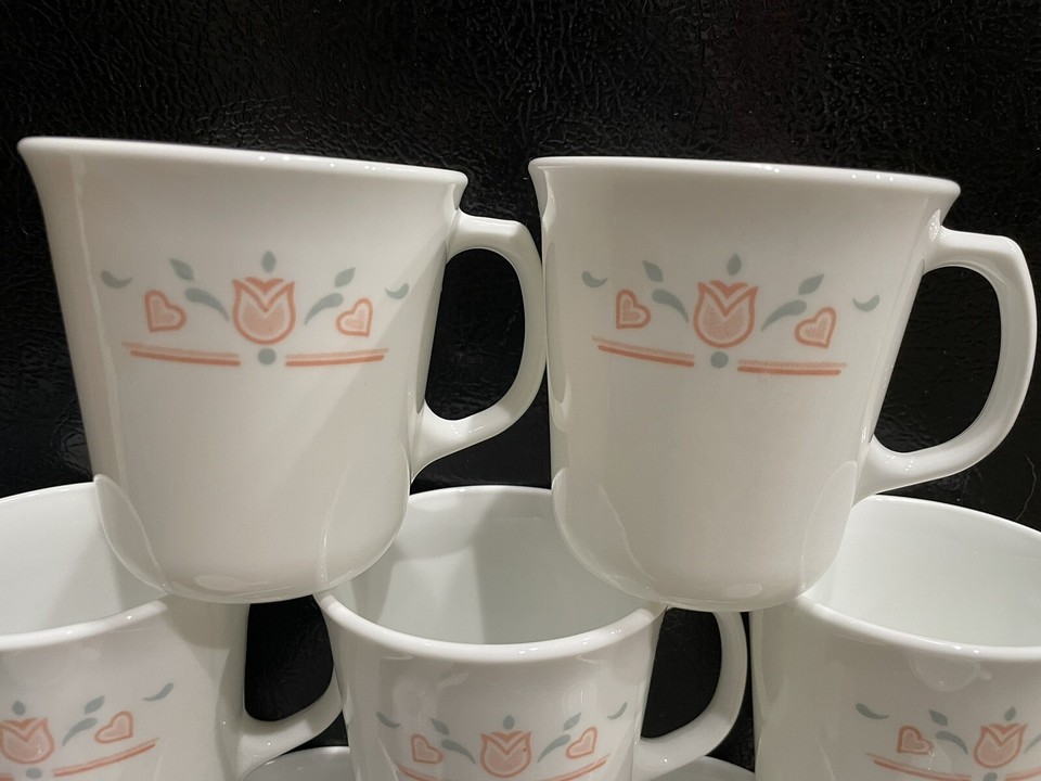 4+2 6 Corelle CUPS MUGS Dutch Lattice TULIPS White Gray Pink FLOWERS ...
