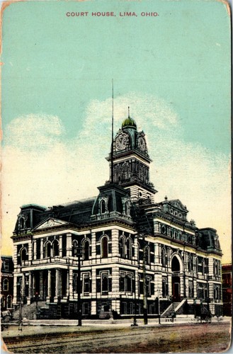 Postcard OH Lima Court House Tower Clock Streetcar Tracks Duplex Cancel ...
