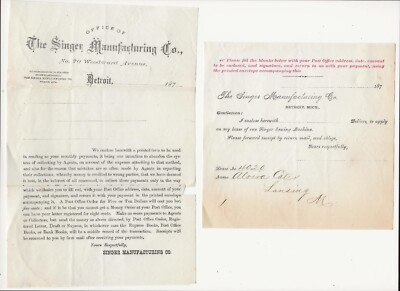 1870s Singer Manufacturing sewing, Detroit, Michigan; history bill head ...