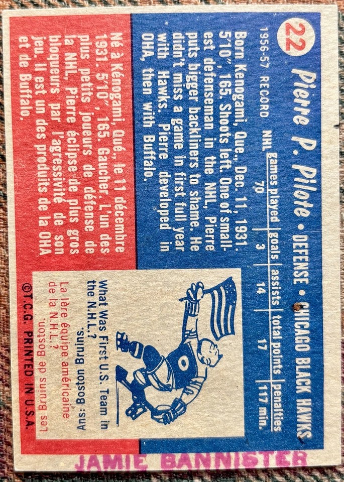 Original 1957-58 Topps Pierre Pilote #22 Rookie Cantered Beauty!!! | eBay