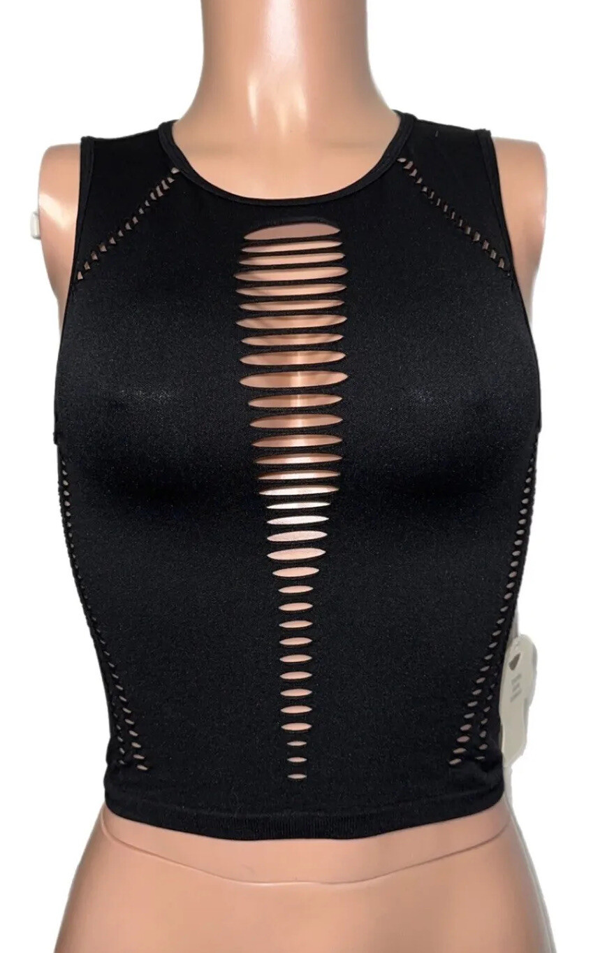 Black Seamless Slim Fit Stretchy Cut Out Slashed Cleavage Top Punk ...