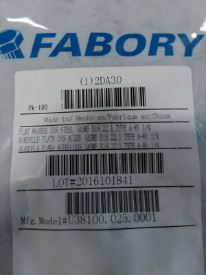 Flat Washer USS Steel 1/4 (1) sealed PKG of 100 pc. Fabory brand ...