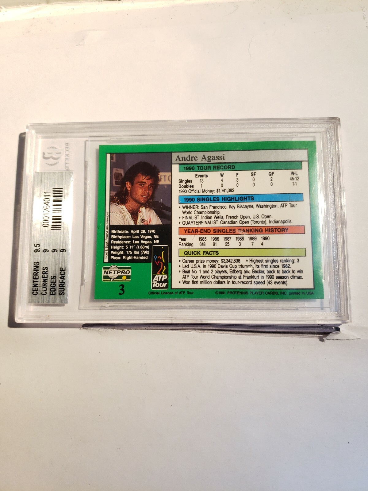 RARE 1991 Netpro ANDRE AGASSI Rookie Tennis Card BVG 9 Mint RC$ #3 ...