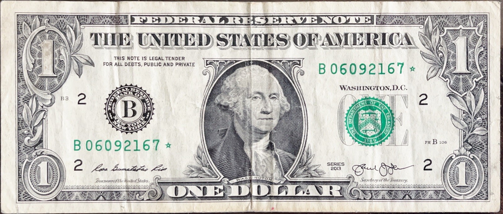 2013 Dollar Bill *STAR NOTE* B06092167* New York Duplicate Serial ...