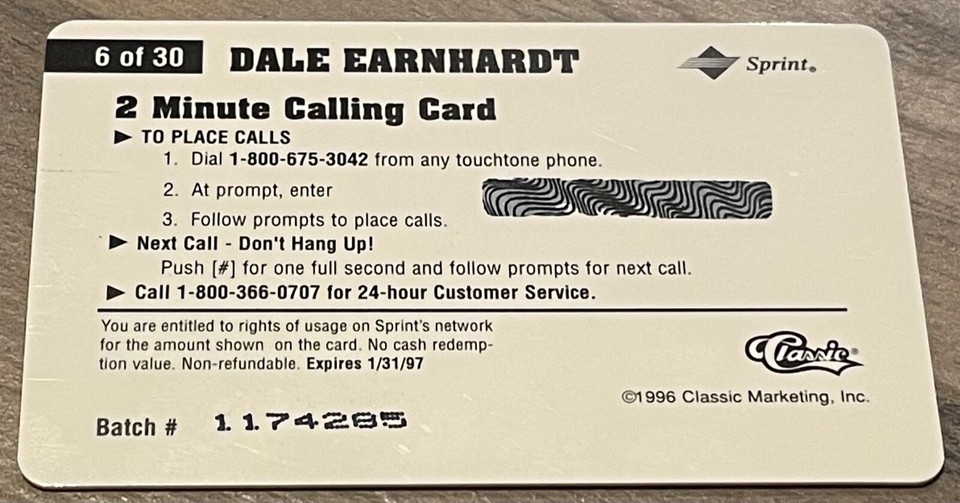 1996 Classic Assets $2, Two Minute Sprint Calling Card Dale Earnhardt ...
