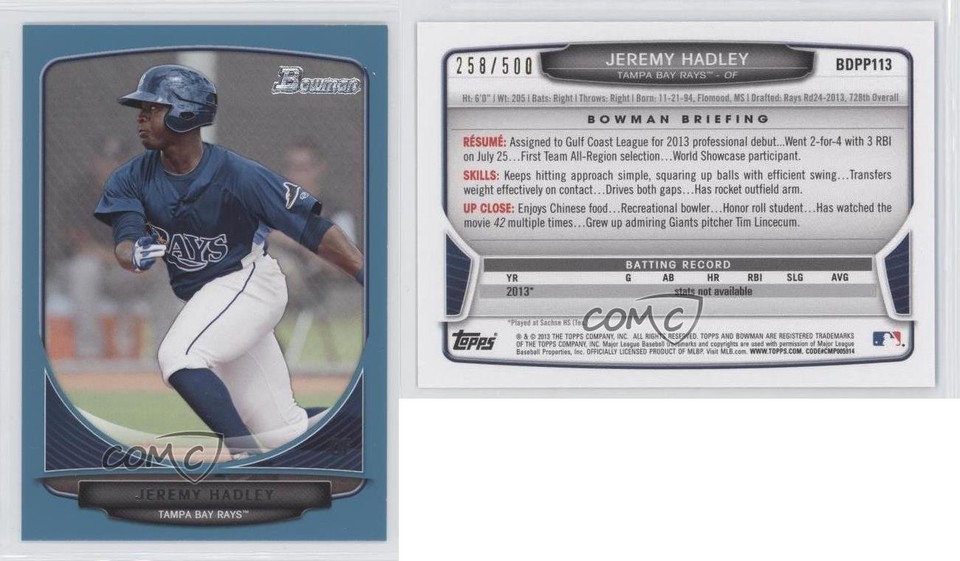 2013 Bowman Draft Draft Picks Blue 258/500 Jeremy Hadley #BDPP113 0f8 ...