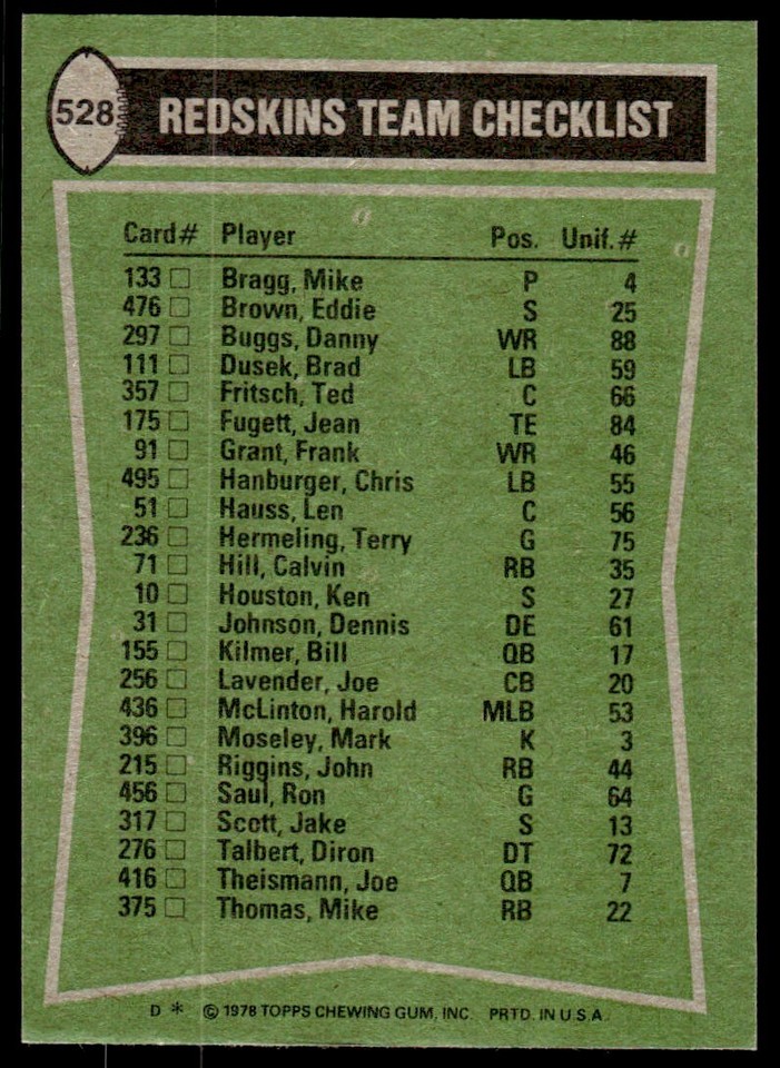 1978 TOPPS MIKE THOMAS/JEAN FUGETT WASHINGTON REDSKINS #528 | eBay