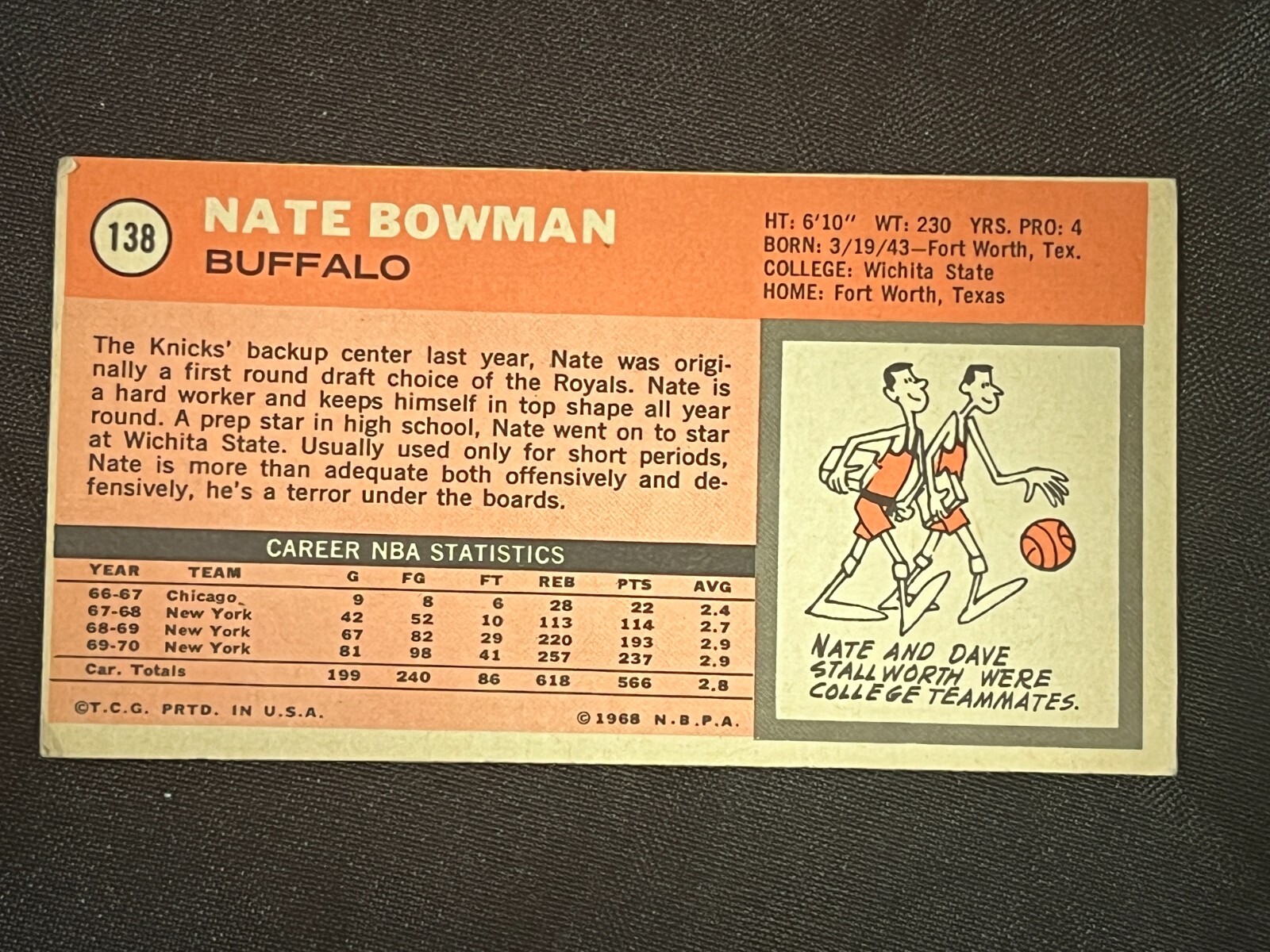 1970-71 Topps Basketball Card Nate Bowman #138 KB | eBay