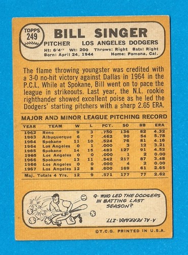 1968 Topps Baseball Card #249 Bill Singer Los Angeles Dodgers | eBay