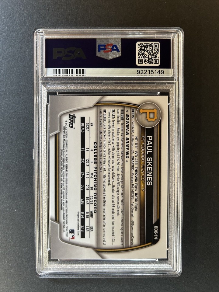 Paul Skenes 2023 Bowman Draft Chrome #BDC14 Rookie PSA 9 [220] | eBay